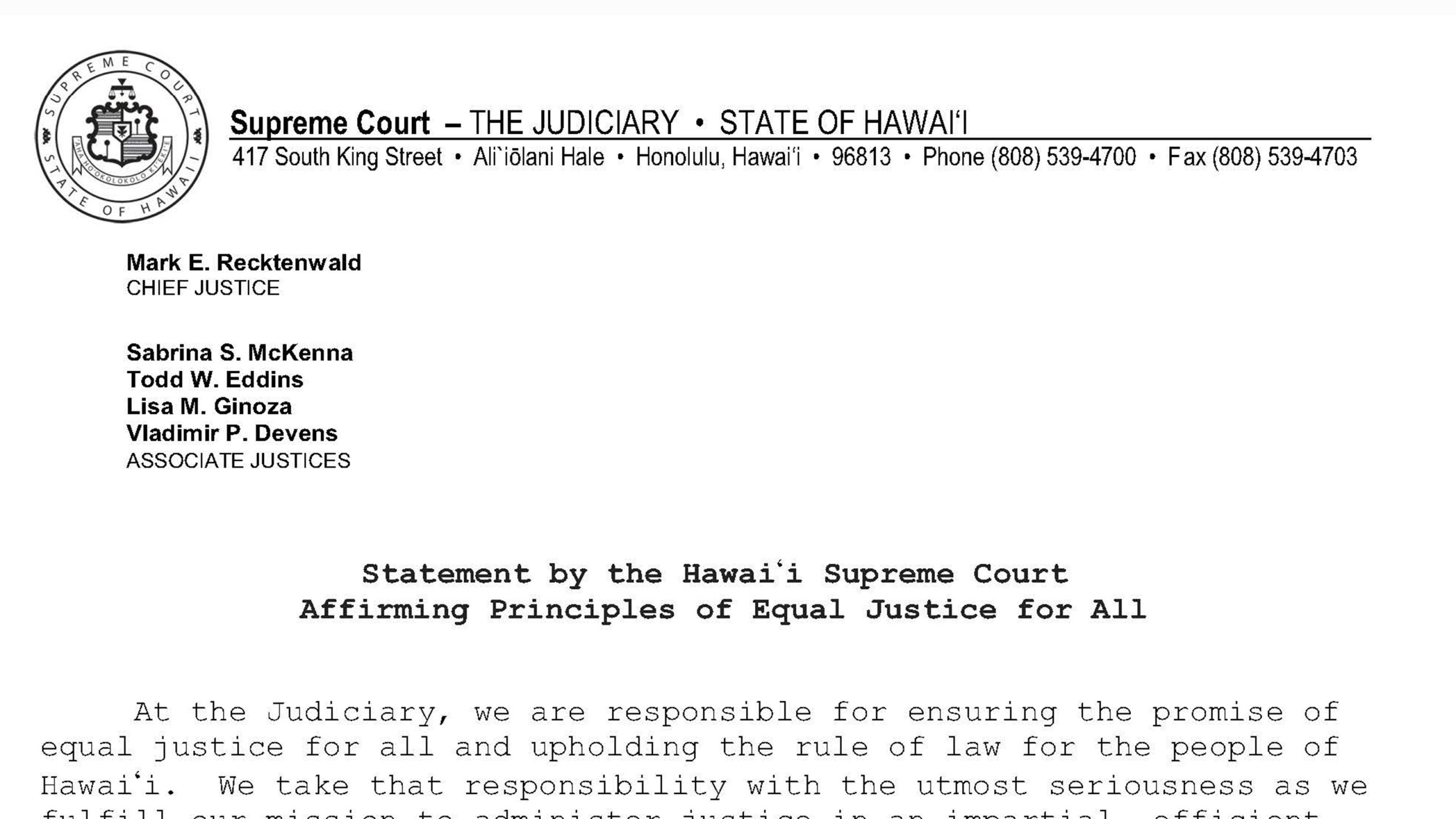 Judiciary | Statement by the Hawaiʻi Supreme Court Affirming Principles ...